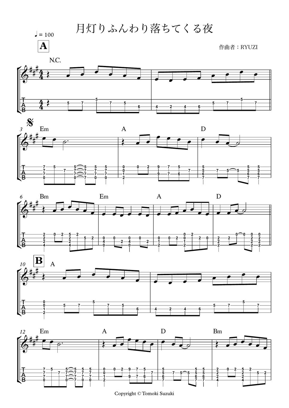 RYUZI - TSUKIAKARI FUNWARI OCHITEKURU YORU Sheets by Tomoki Suzuki