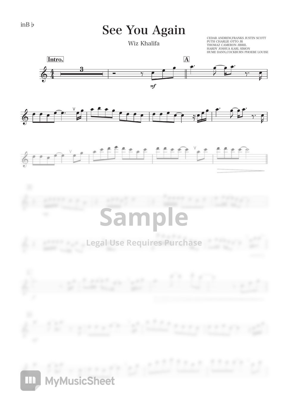 Wiz Khalifa - See You Again (B♭) Sheets by kanamusic