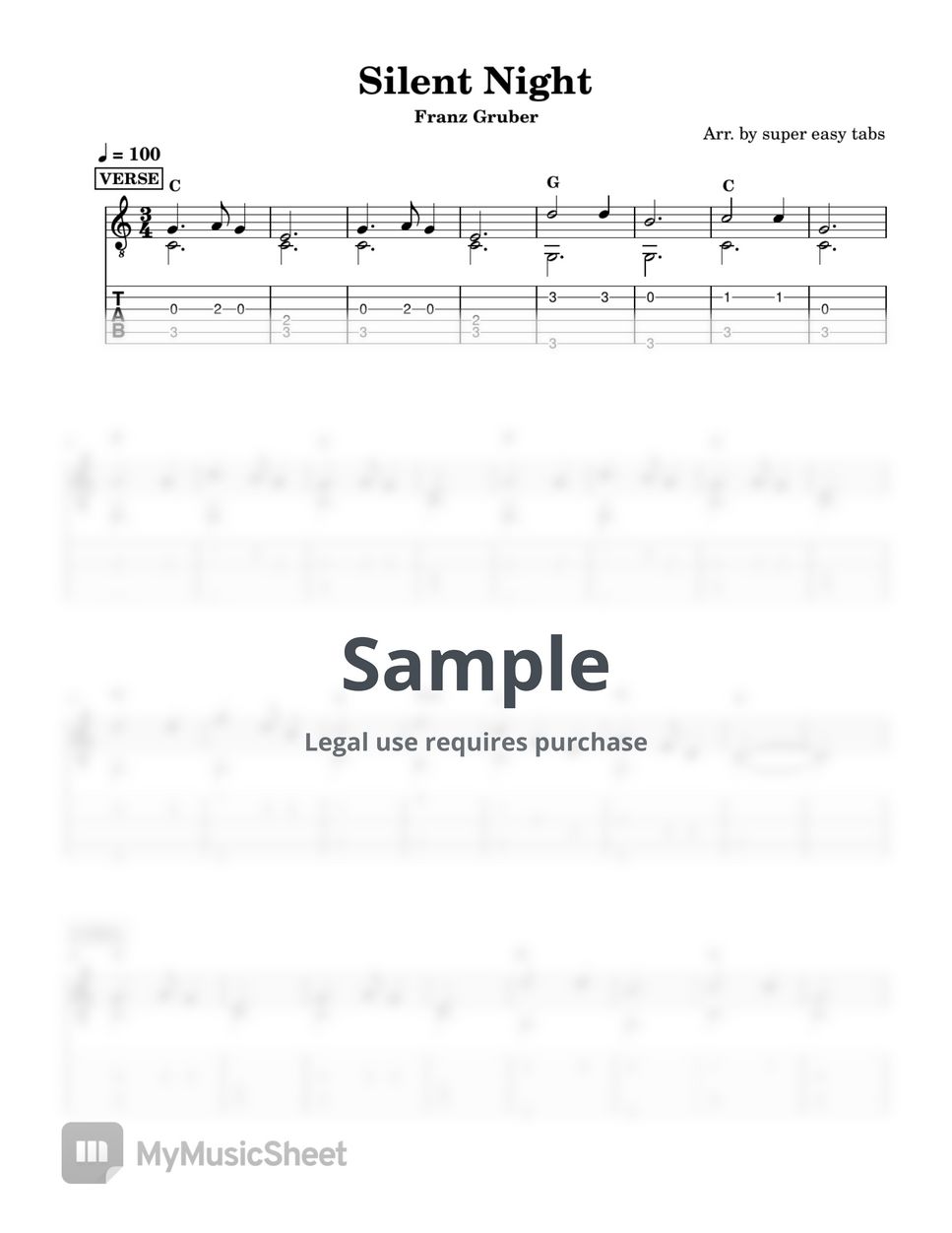 Silent Night (Fingerstyle Guitar) 타브+단선 악보 by super easy tabs