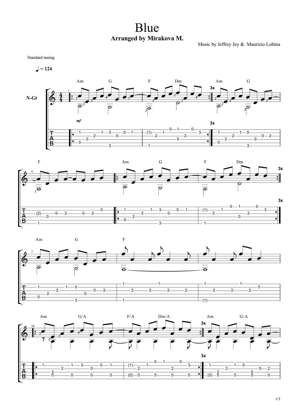 Eiffel 65 - Blue (Da ba dee) Tab + 1staff by Mirakova Marina