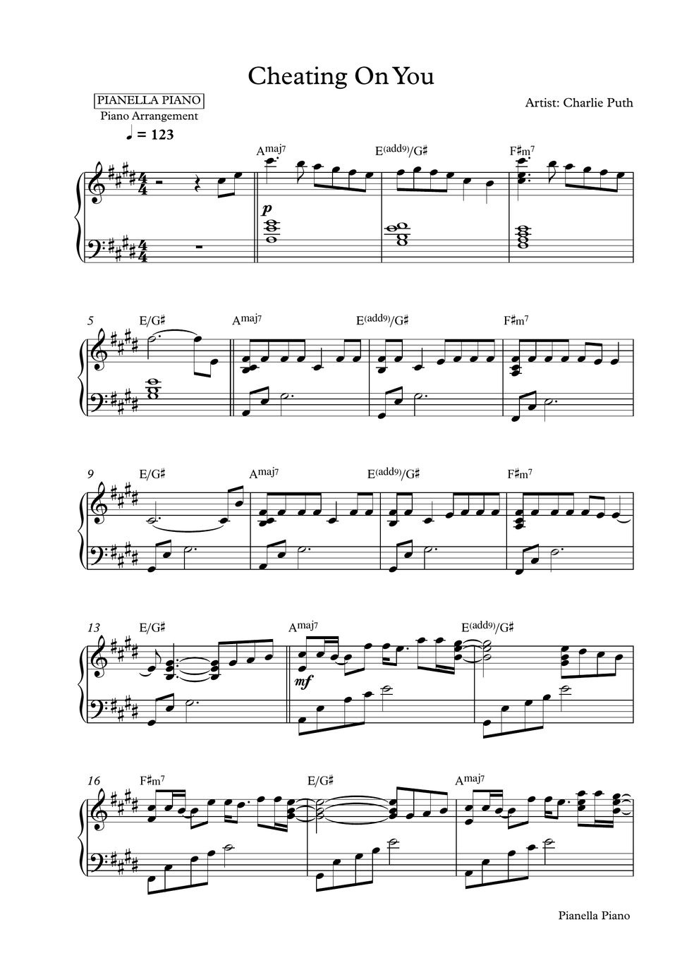 Charlie Puth - Cheating On You (Piano Sheet) Notenblatt by Pianella Piano