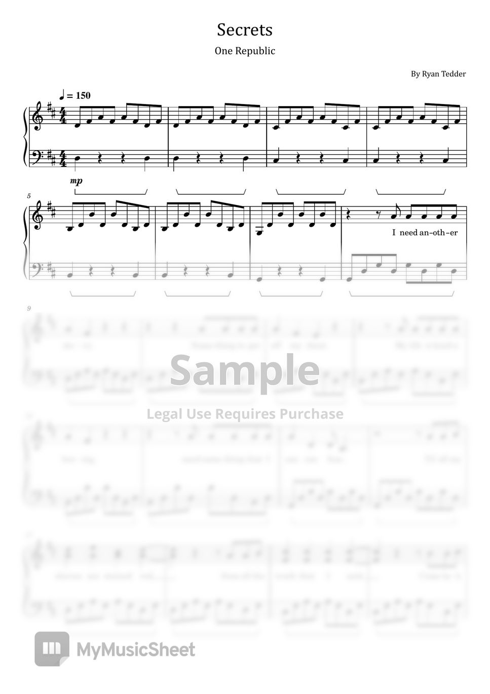 Ryan Tedder - Secrets (One Republic - For Piano Solo With Lyric) Sheets by poon