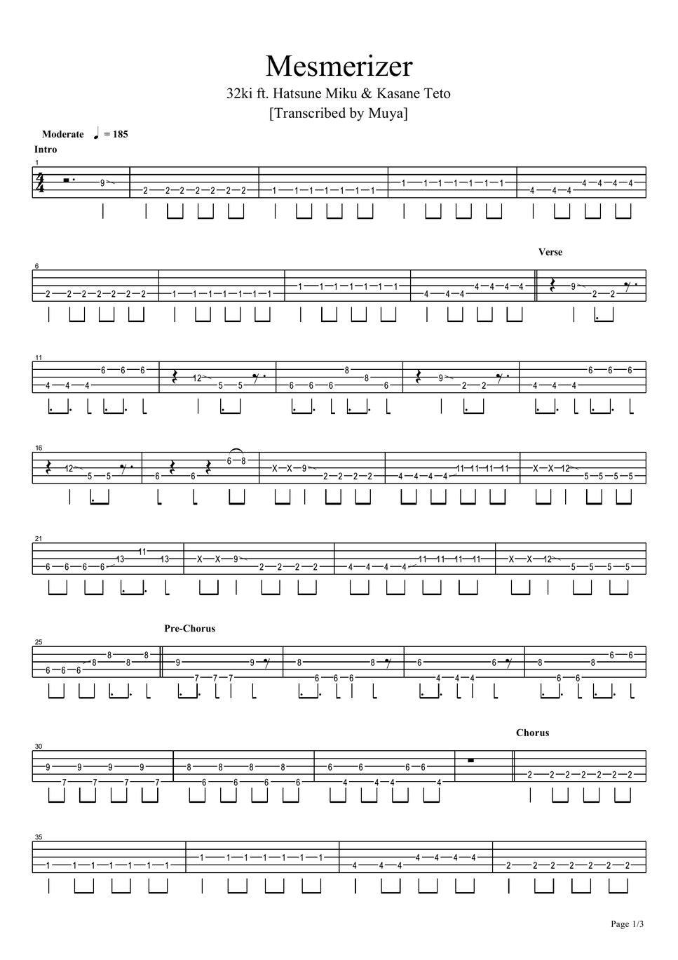 32ki - Mesmerizer (Bass TAB) Sheet Music by Muya