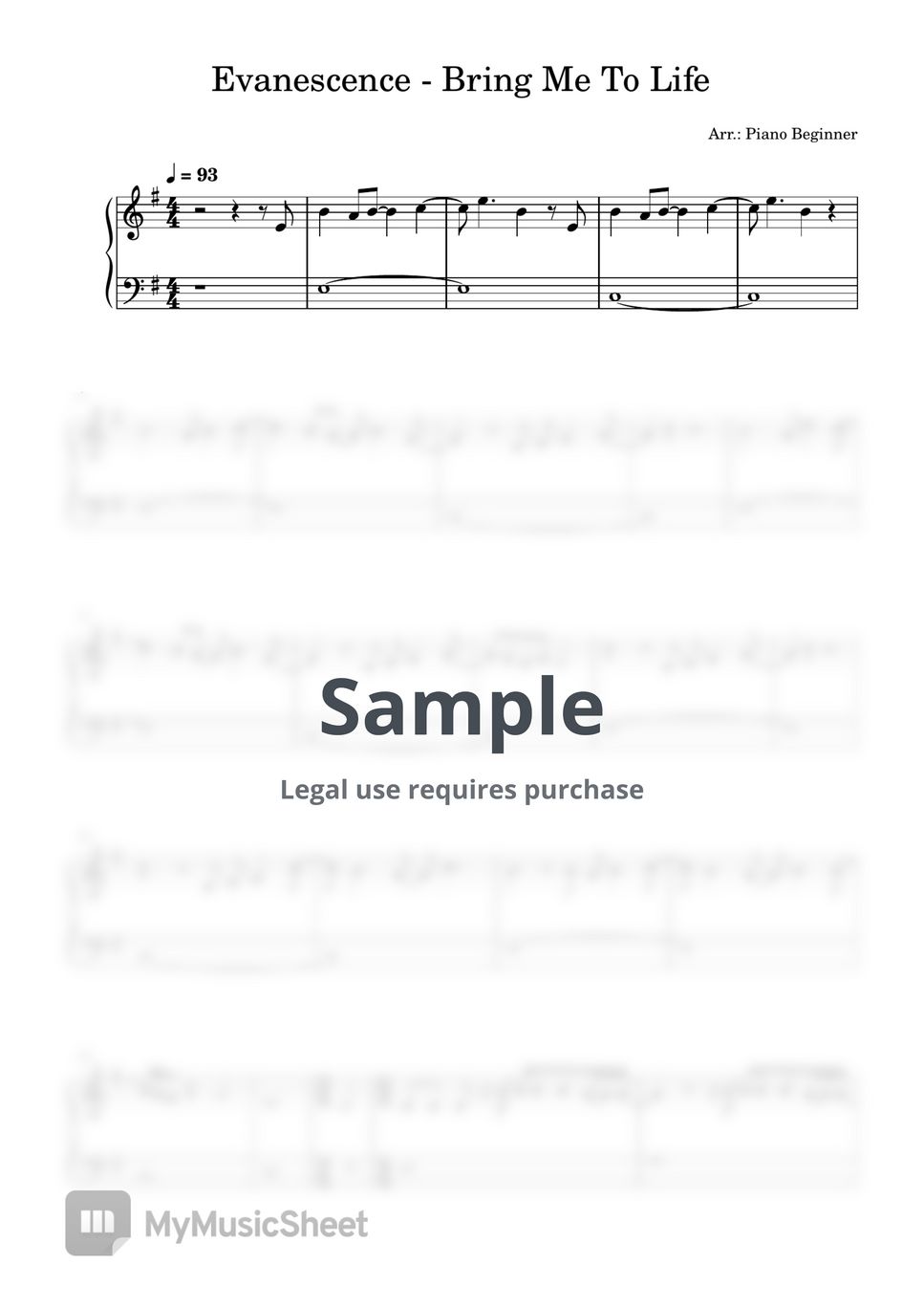 Evanescence - Bring Me To Life Sheets by Piano Beginner