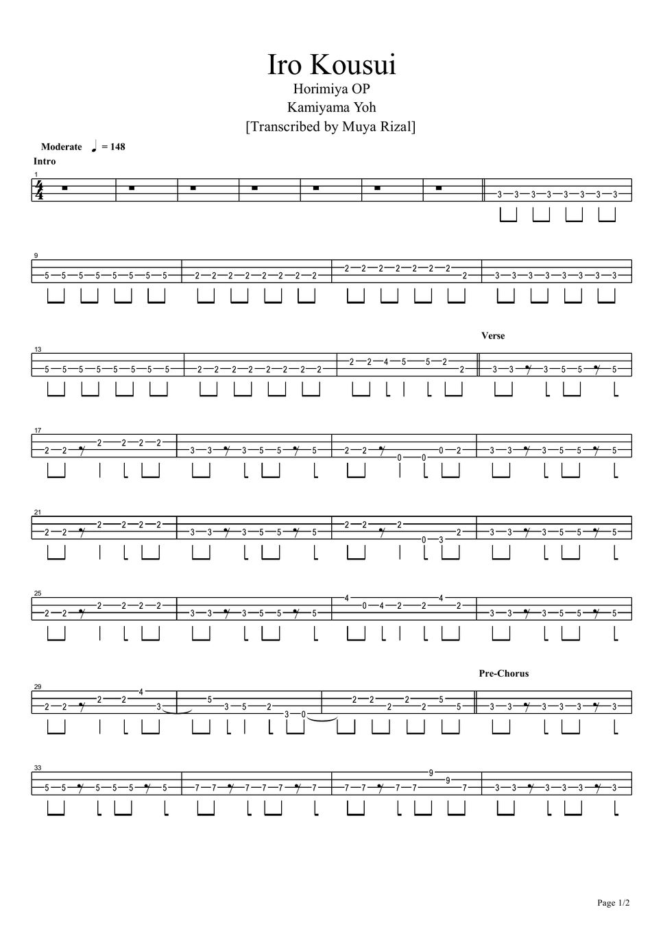 Kamiyama Yoh - Iro Kousui (Bass TAB Short Ver.) Sheets by Muya