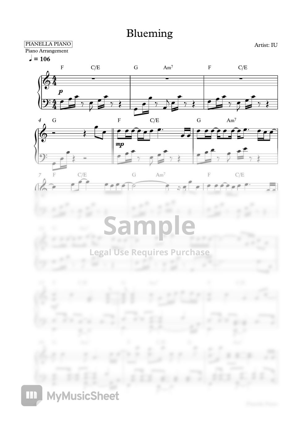 IU - Blueming (Piano Sheet) Sheet Music by Pianella Piano