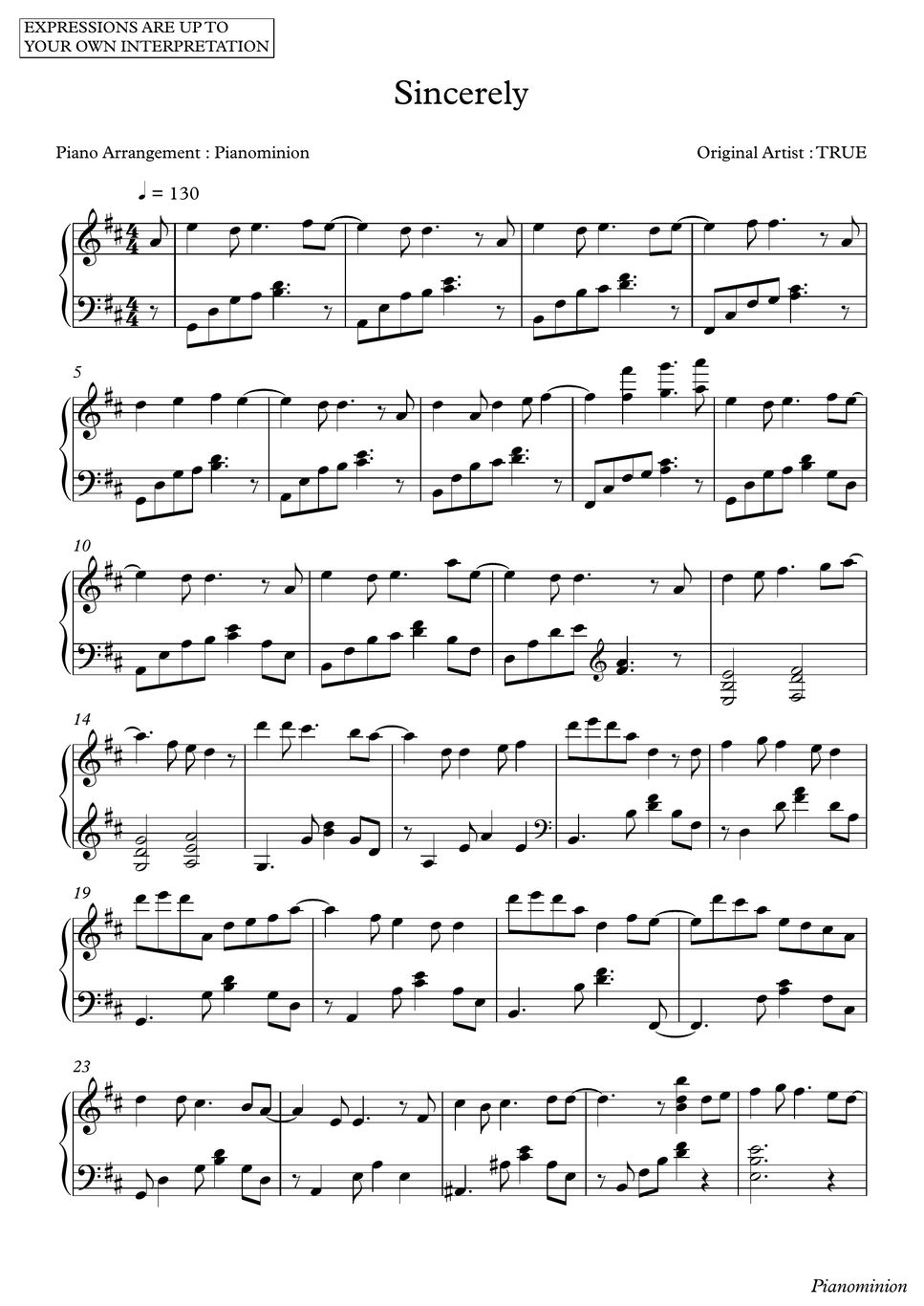 TRUE - Sincerely (紫罗兰永恒花园OP) نوتة by Pianominion