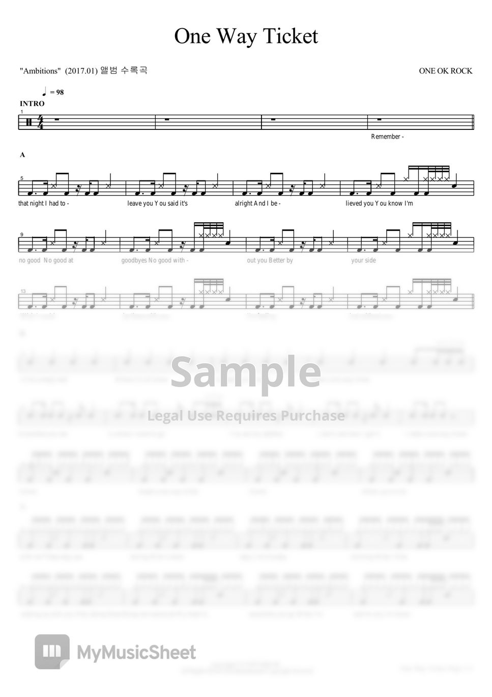 ONE OK ROCK - One Way Ticket 악보 by COPYDRUM