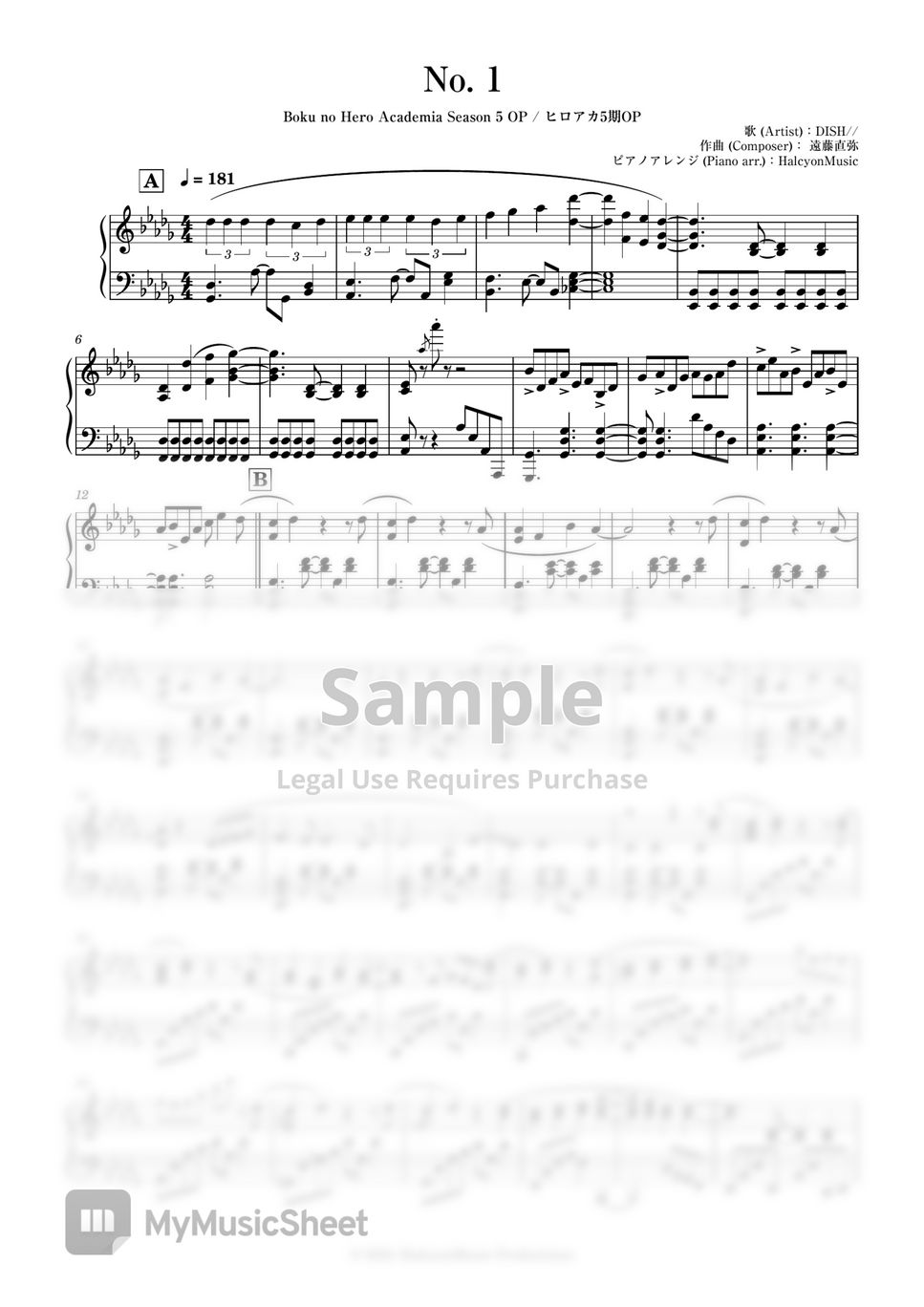 DISH// - No. 1 (My Hero Academia Season 5 OP) 악보 by HalcyonMusic