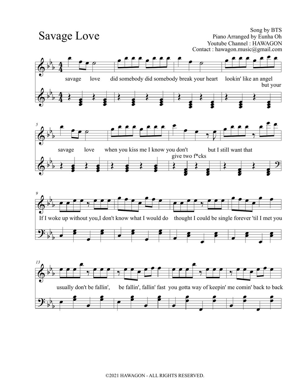 Jason Derulo & BTS - Savage Love Sheet by HAWAGON