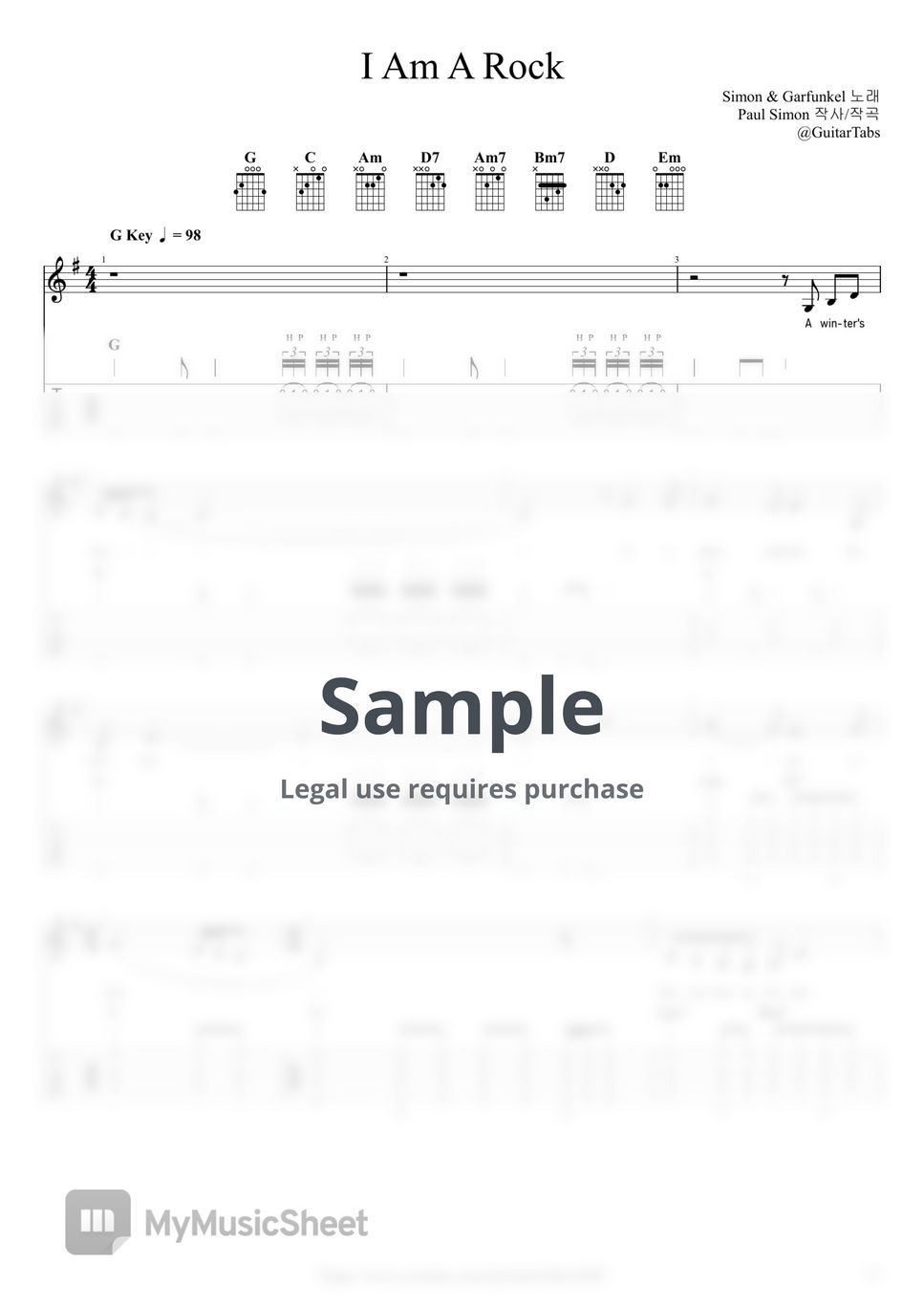 Simon & Garfunkel - I Am A Rock (G Key / Easy TAB / Lyrics) Spartito by ...