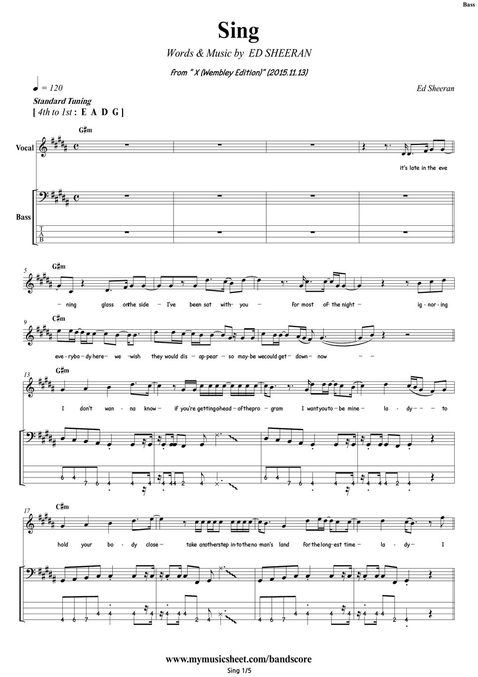 Ed Sheeran - Sing | Bass 曲谱