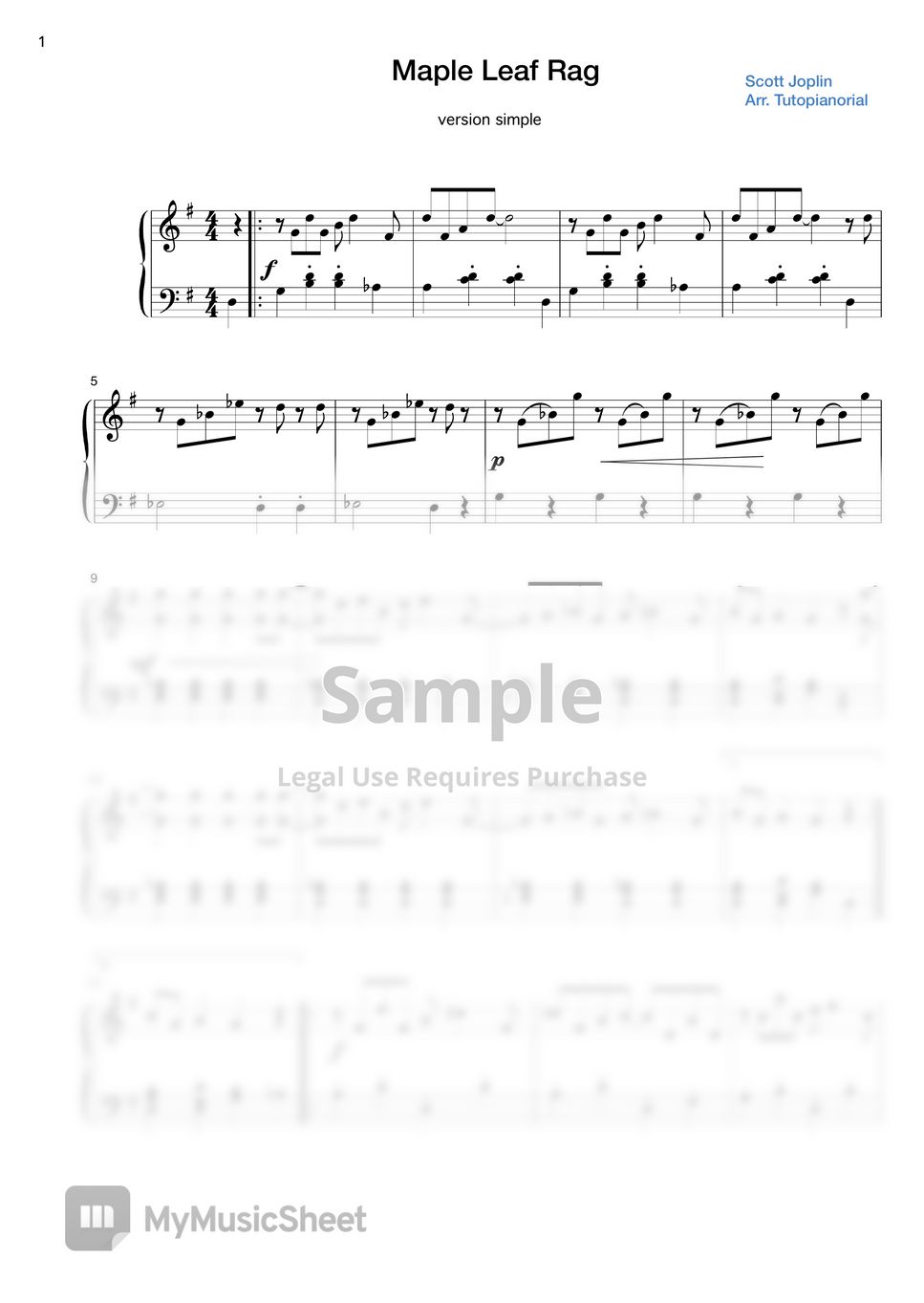 Scott Joplin - Maple Leaf Rag (version simple) Partitura by Tutopianorial