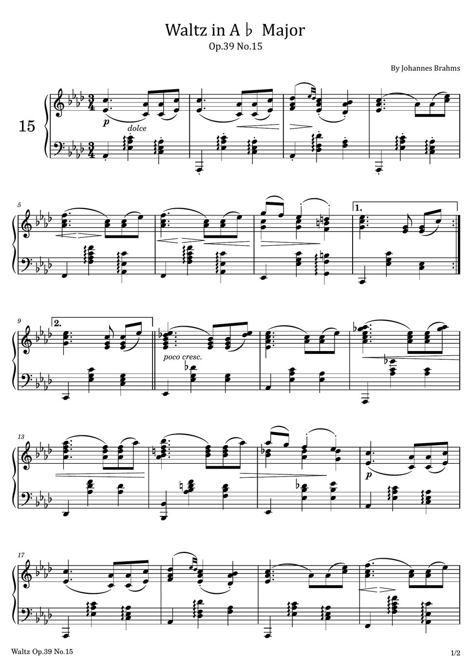 Johannes Brahms - Waltz in A♭ Major - Op.39 No.15 (Original - For Piano Solo) Sheets by poon