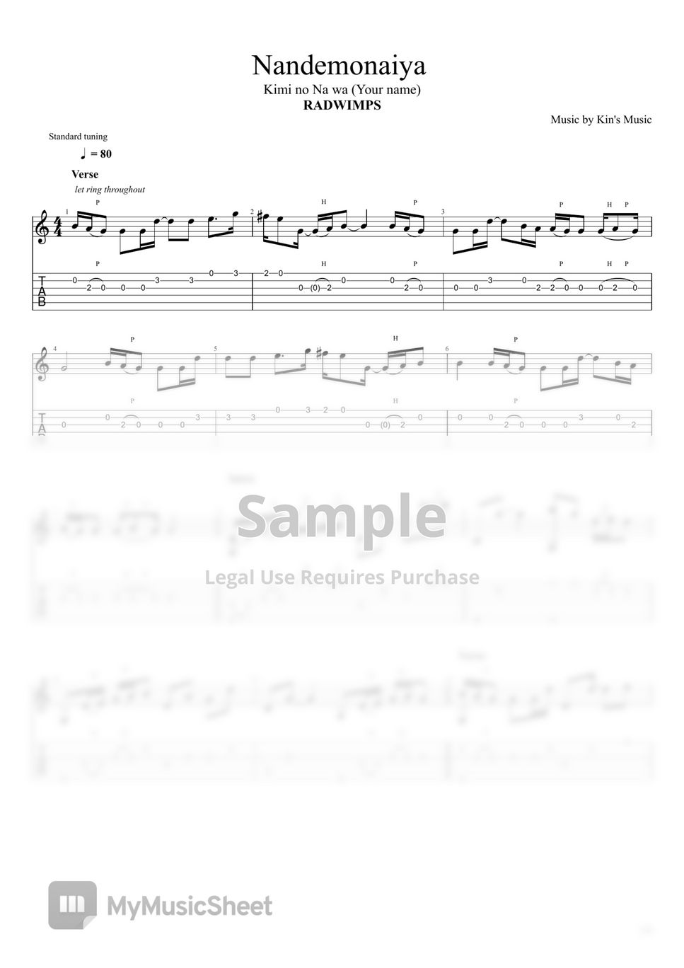 RADWIMPS - Nandemonaiya Kimi no Na wa (Your name)[Easy Guitar Fingerstyle For Beginner] Sheets ...