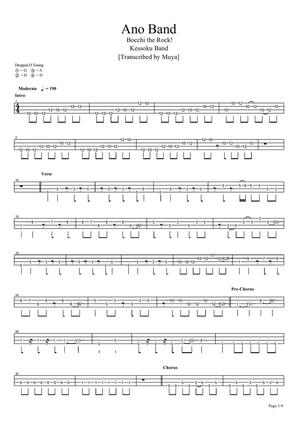 Kessoku Band - Ano Band (Bass TAB) Sheets by Muya Rizal