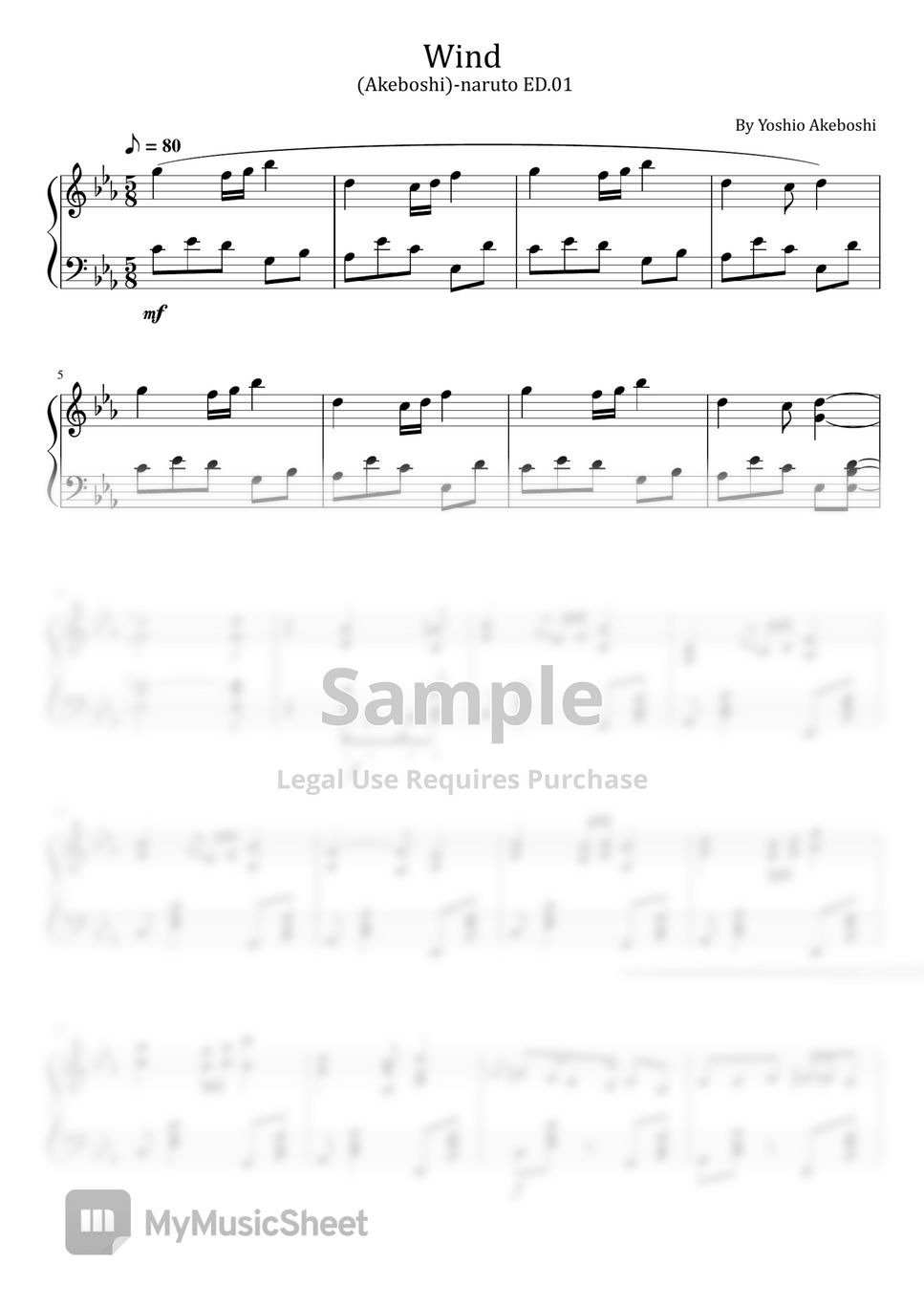 Yoshio Akeboshi - Wind ((Akeboshi)-naruto ED.01 - For Piano Solo) 악보 by poon