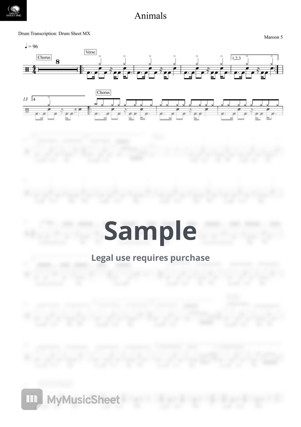 Maroon 5 - Animals Sheet Music by Drum Transcription: Drum Sheet MX