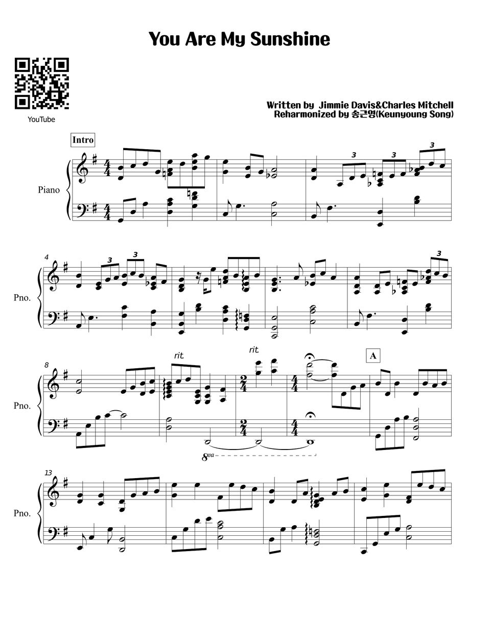 Jimmie Davis&Charles Mitchell - You Are My Sunshine Sheets by Keunyoung ...