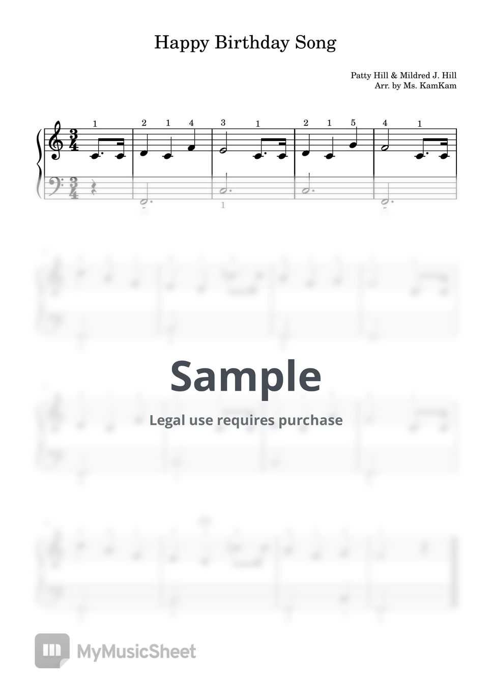 Patty Hill & Mildred J. Hill - 生日歌 (附有手指位) 楽譜 by Ms. KamKam