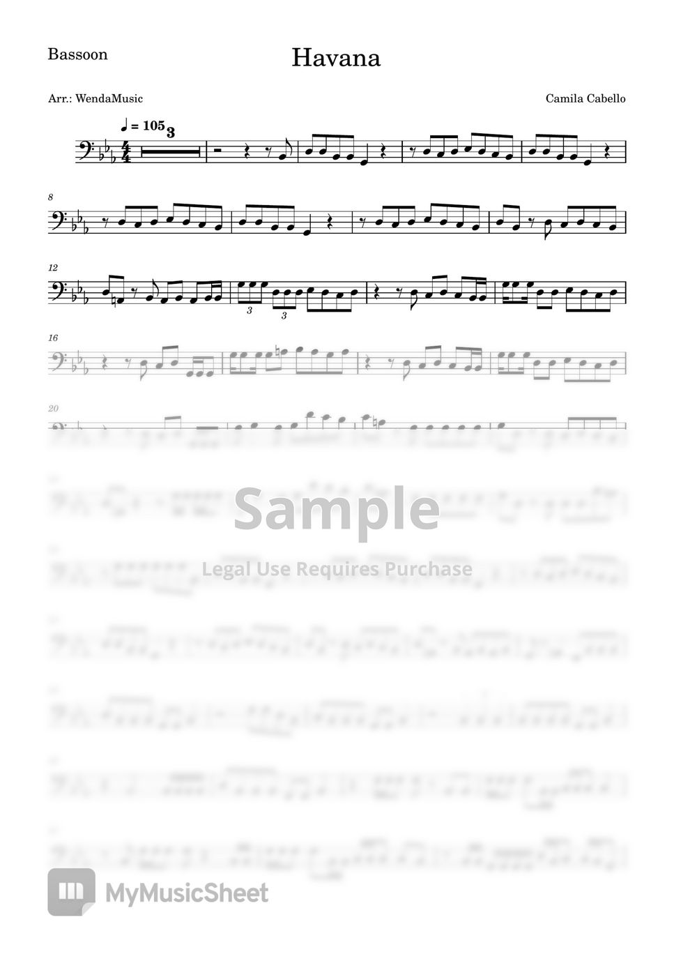 Camila Cabello - Havana (Bassoon) Sheet Music by WendaMusic