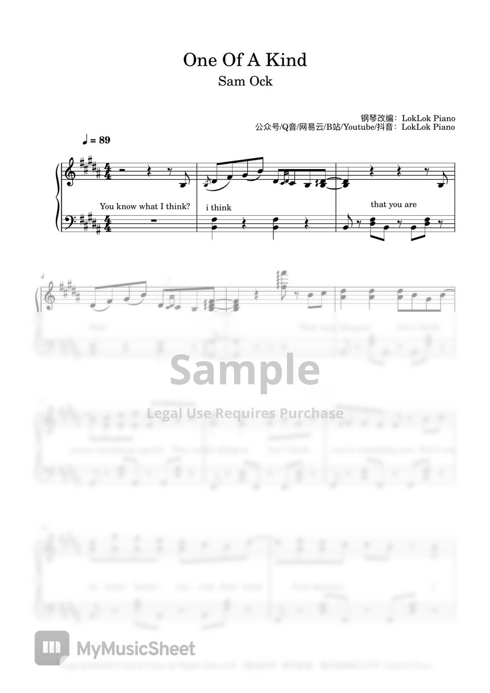 Sam Ock - One Of A Kind Sheet Music by LokLok Piano