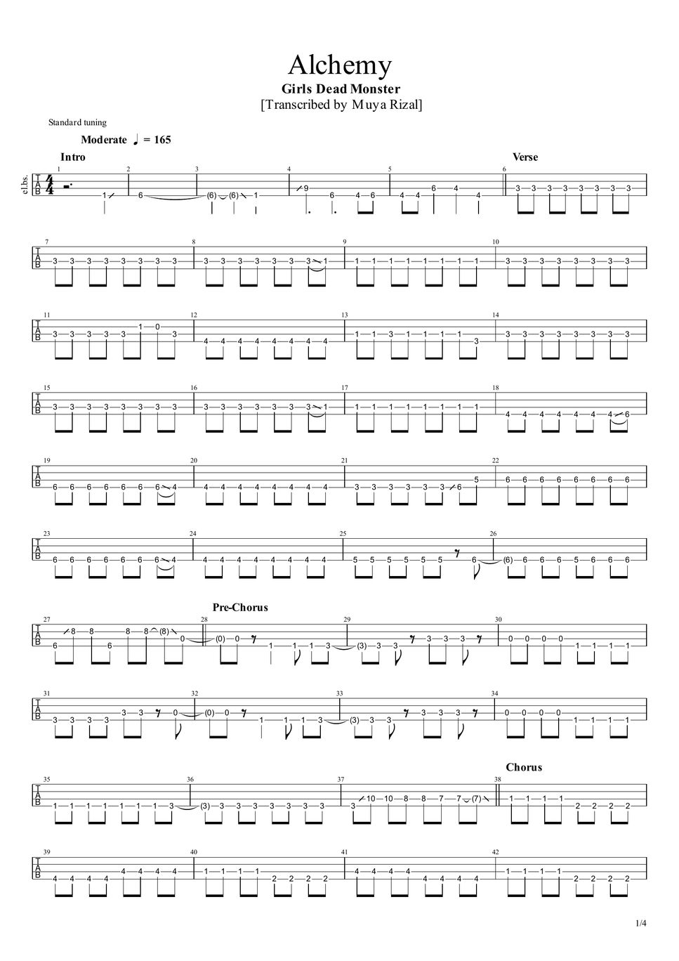 Girls Dead Monster - Alchemy (Bass TAB) 楽譜 by Muya