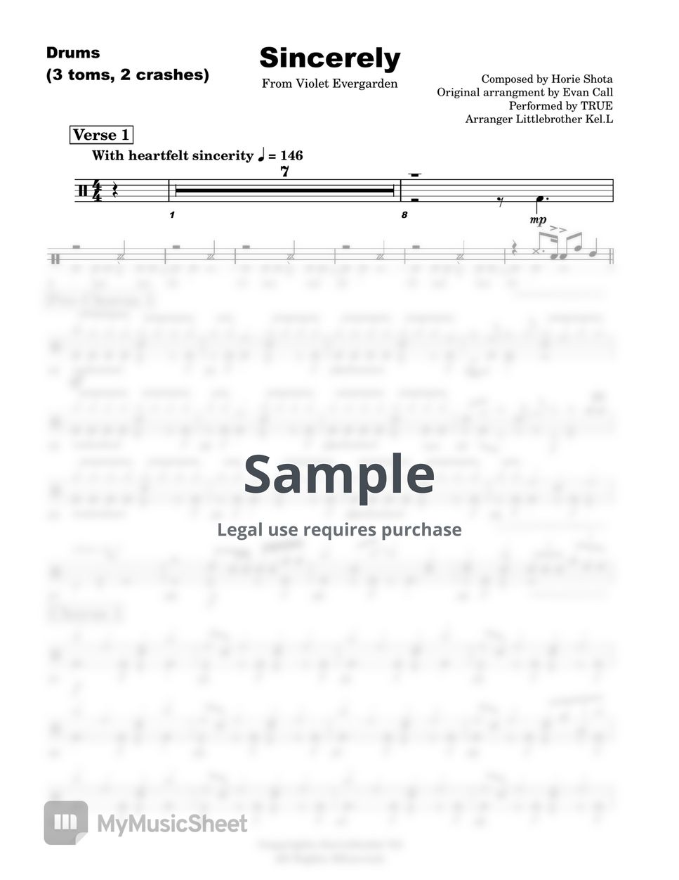 TRUE - Sincerely - ヴァイオレット・エヴァーガーデン (ドラム) Sheet Music by Littlebother Kel.L