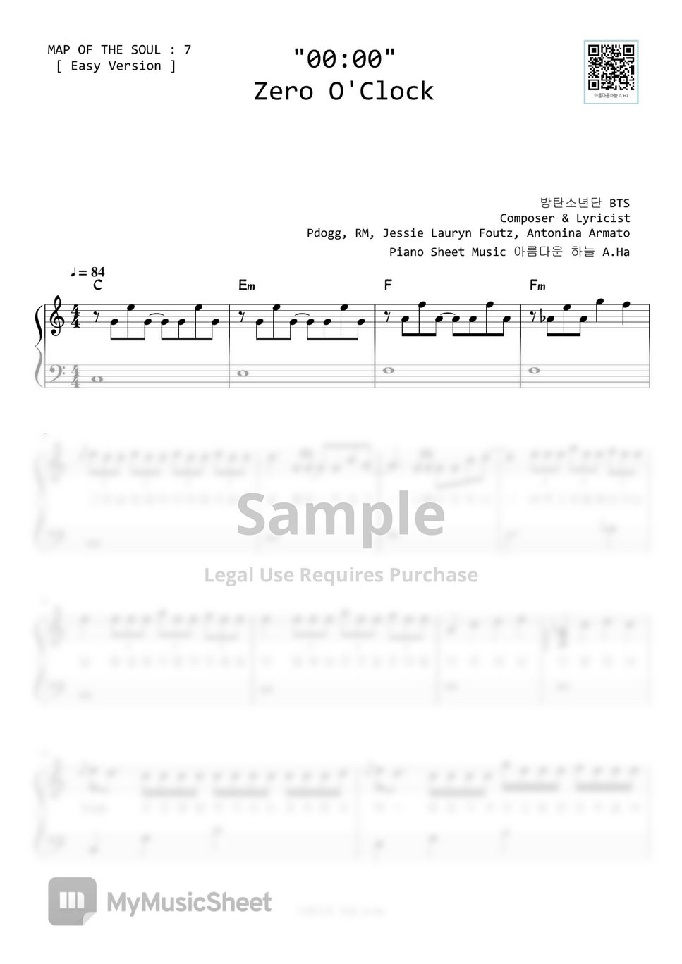 BTS 방탄소년단 - 00:00 Zero O'Clock (Level 1 Easy Ver) Sheets by A.Ha