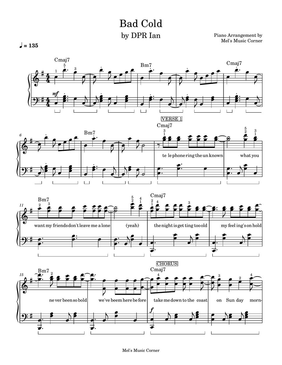 DPR Ian - Bad Cold (piano sheet music) Sheets by Mel's Music Corner
