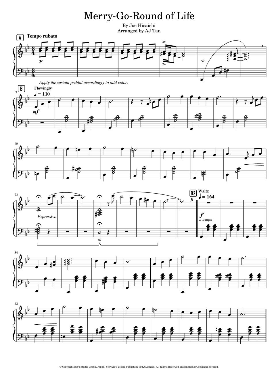 Joe Hisaishi - Merry Go Round Of Life Partitura by AJ Tan