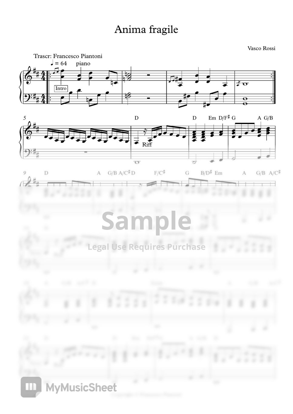 Vasco Rossi - Anima Fragile (spartito pianoforte) Sheet by Francesco ...