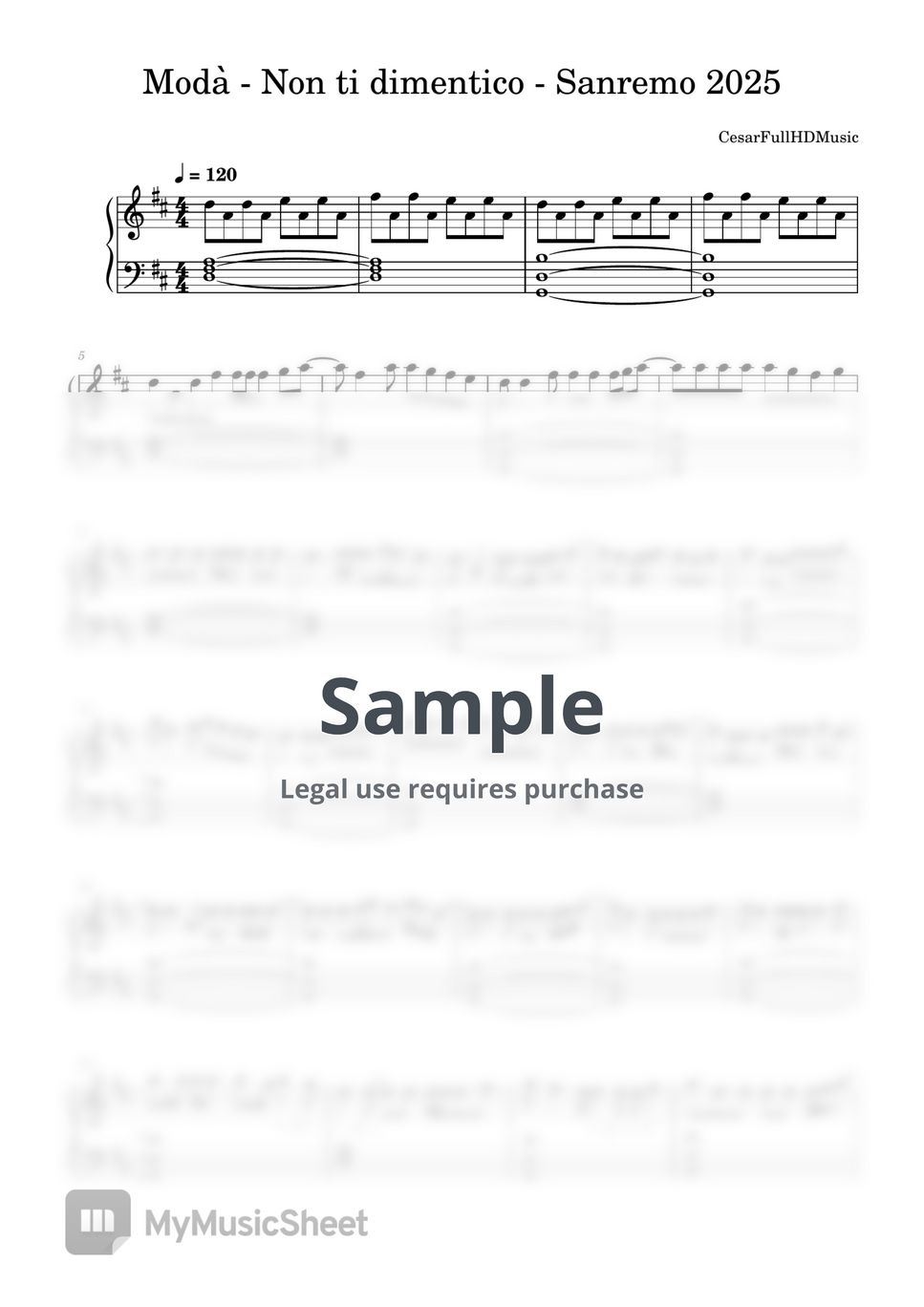 Modà - Non ti dimentico - Sanremo 2025 Sheets