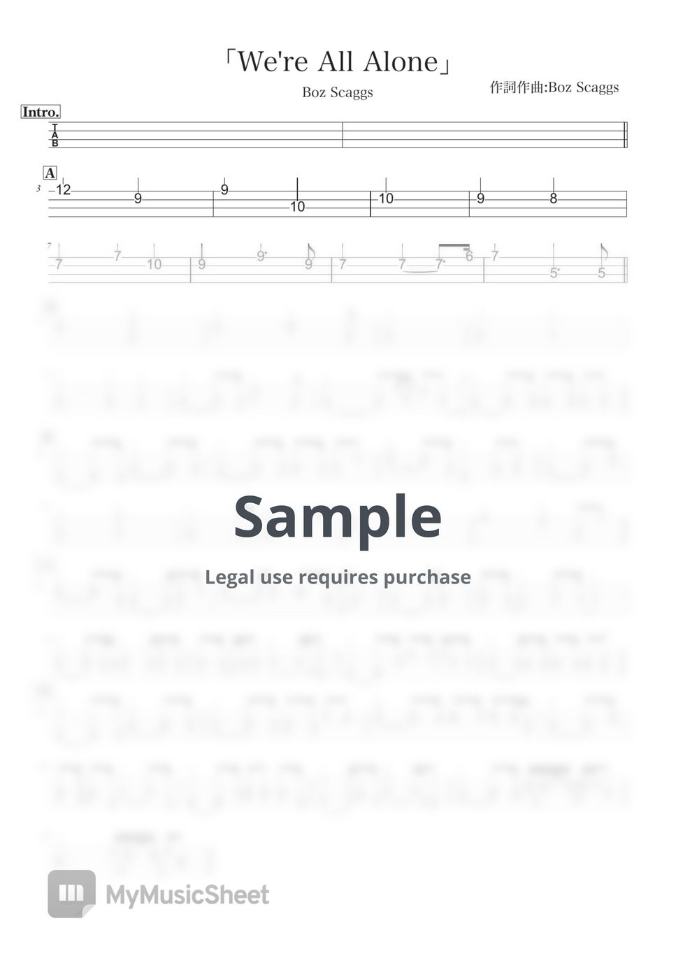 Boz Scaggs - We're All Alone (ベース譜/TAB譜のみ) Sheet Music by きどりん