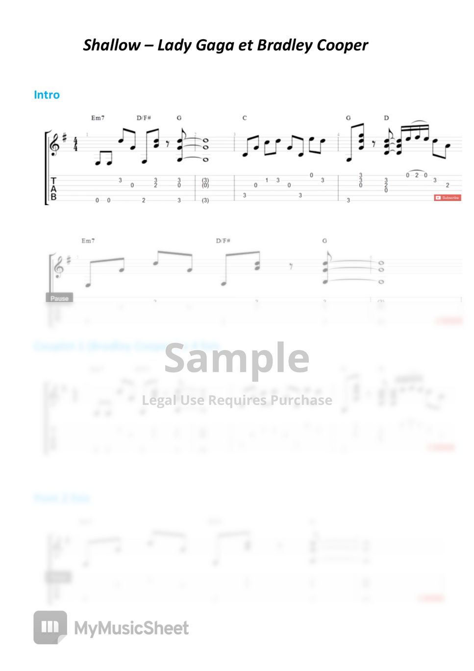 Lady Gaga et Bradley Cooper - Shallow Tab + 1staff by Arpège - accords ...