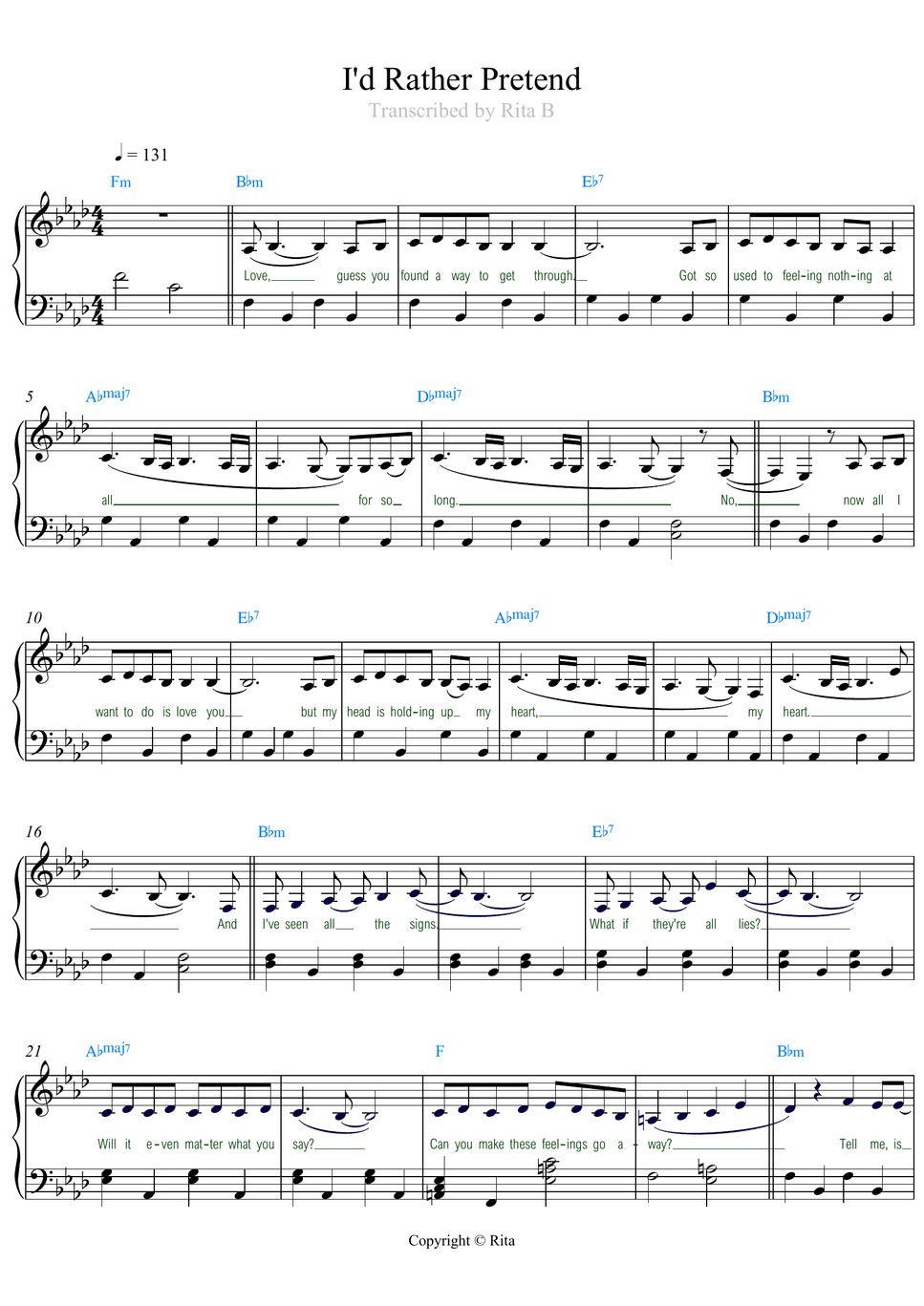 Bryant Barnes - I'd Rather Pretend Piano Sheet Music PDF | Rita B ...