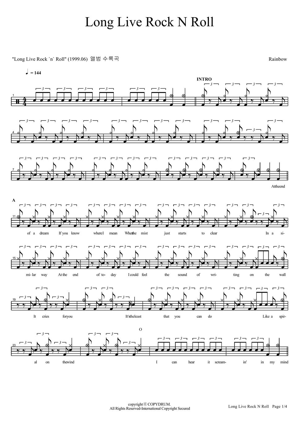 Rainbow - Long Live Rock N Roll 楽譜 by COPYDRUM