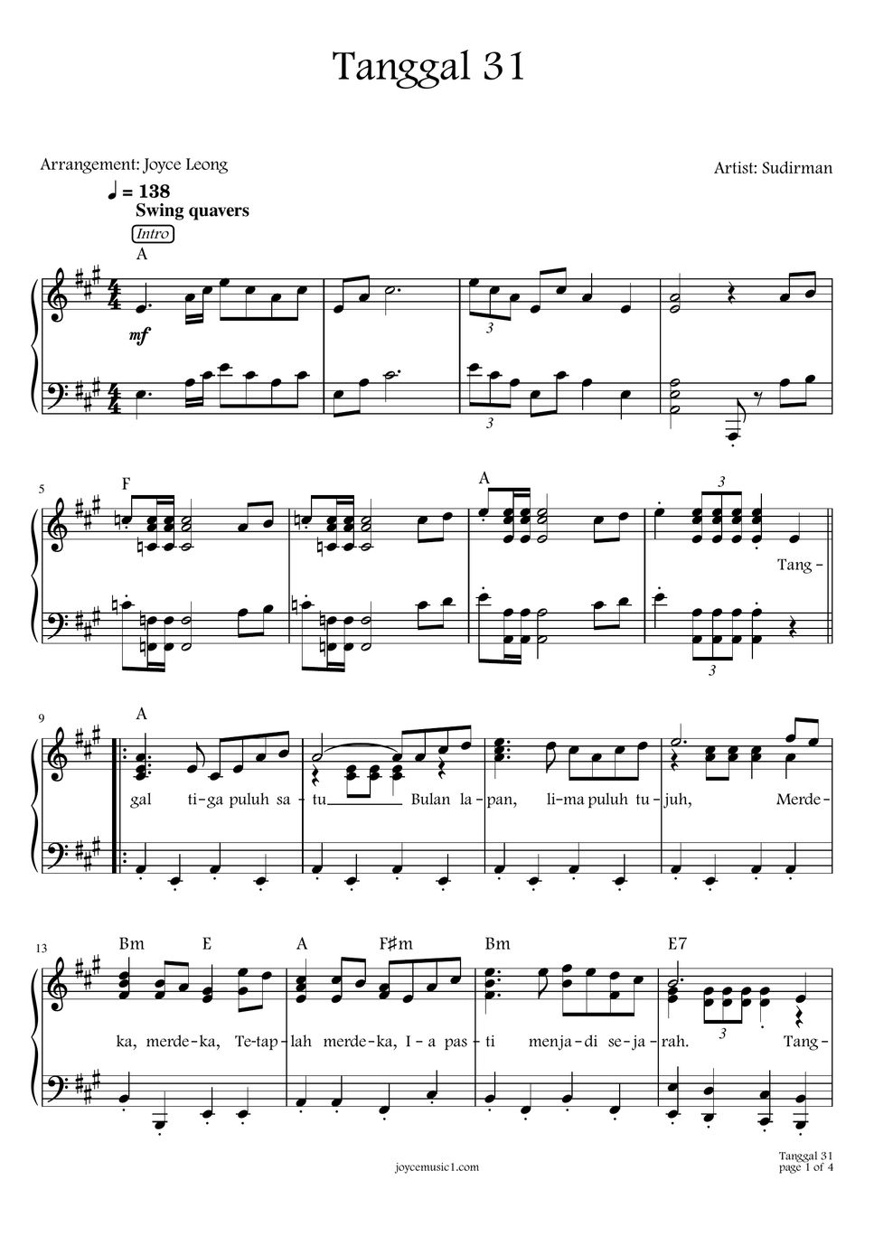 Tanggal 31 악보 by Joyce Leong