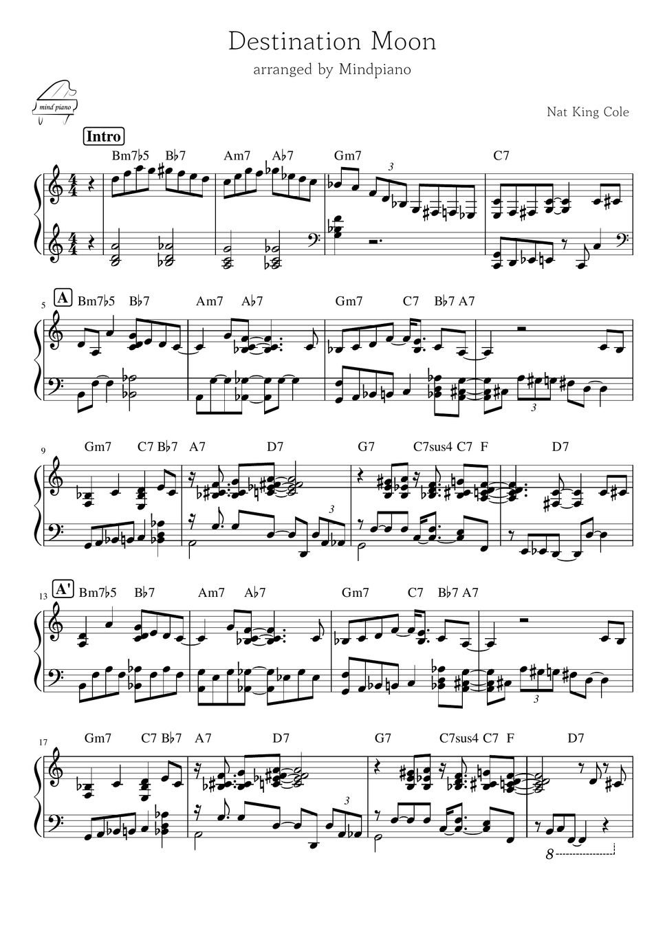 Nat King Cole - Destination Moon (Jazz Swing Piano) Sheet by Mindpiano