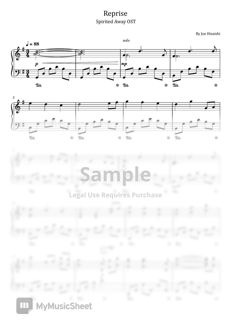 Joe Hisaishi - Reprise (Spirited Away OST - For Piano Solo) Sheet Music ...