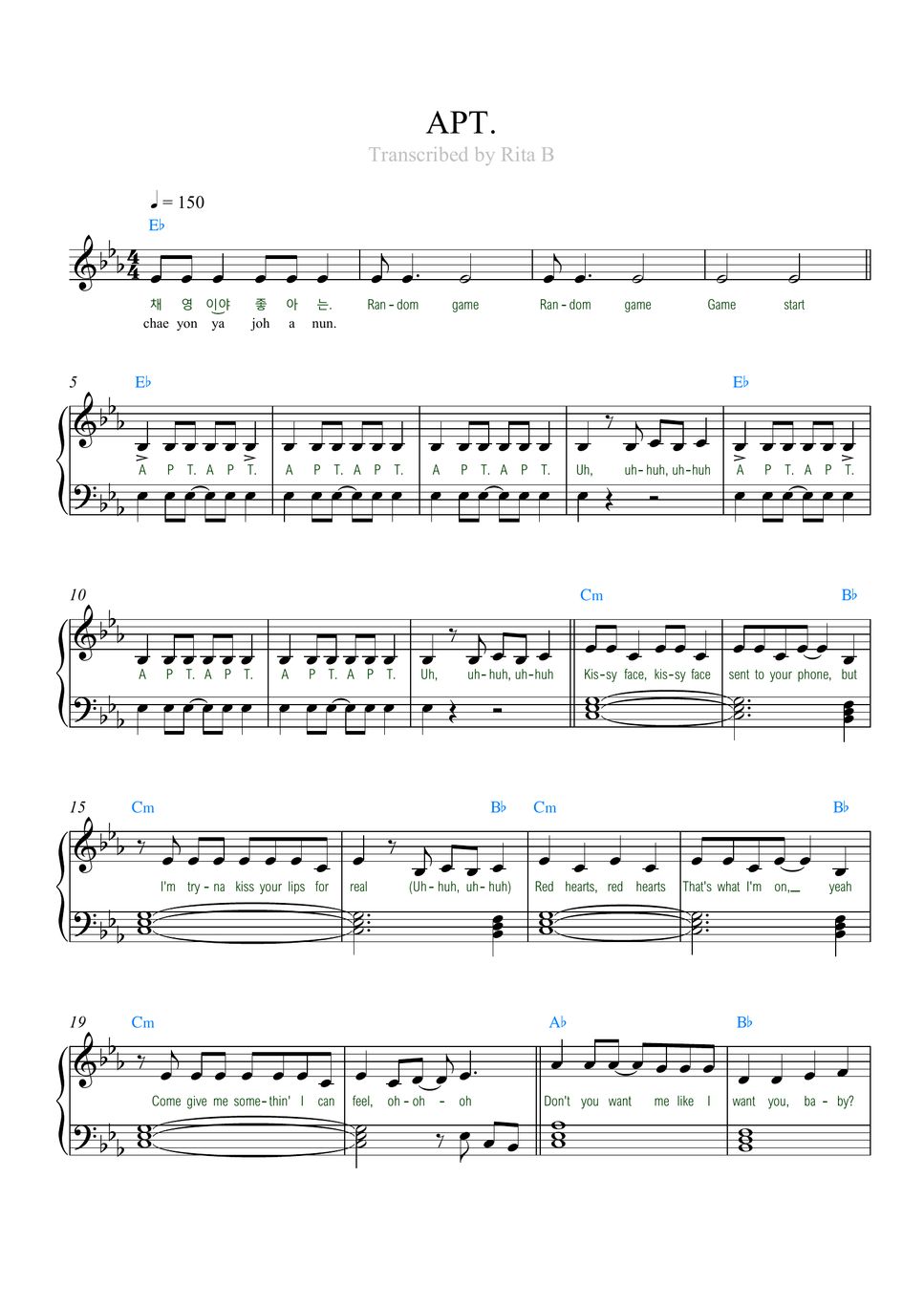 ROSÉ - APT. featuring Bruno Mars (With lyrics and chords, two files: simple and advanced) Sheets ...