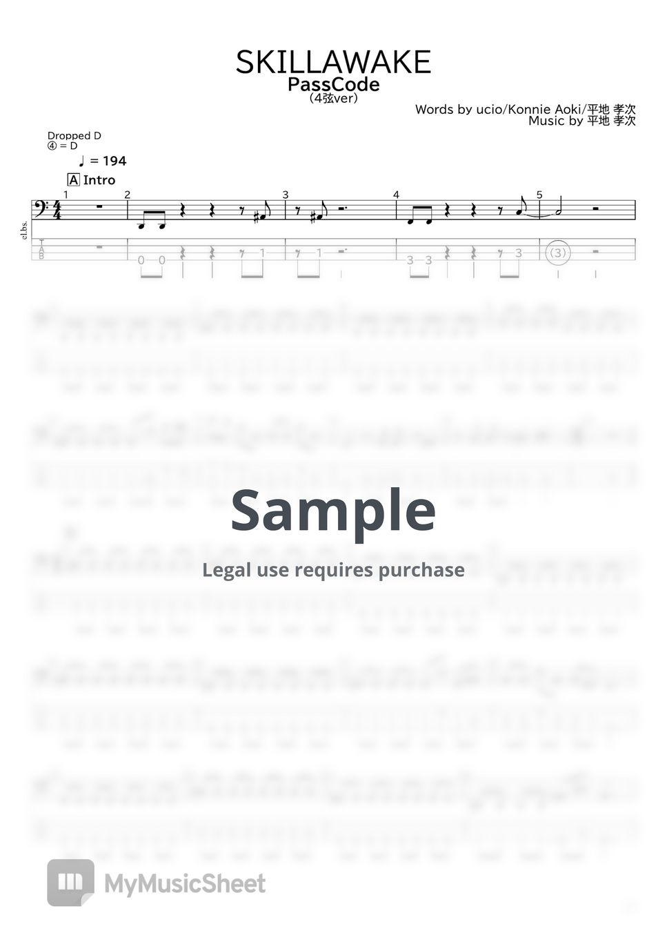 PassCode - SKILLAWAKE(4弦ver) Tab + 1staff by たぶべー@財布に優しいベース楽譜屋さん(BASS・TAB譜)