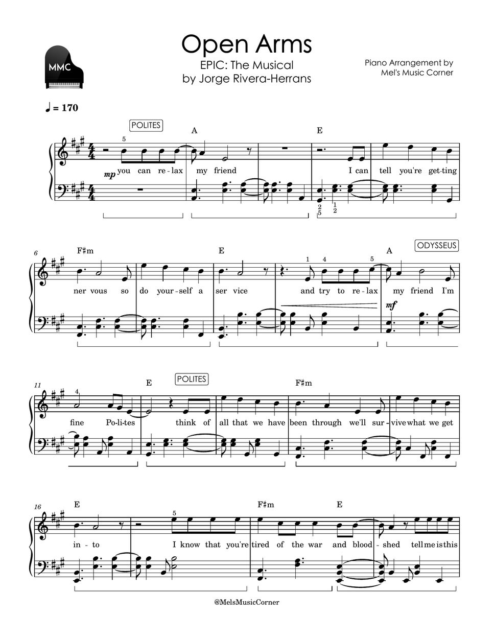 Jorge Rivera-Herrans - Open Arms - EPIC: The Musical (piano sheet music ...