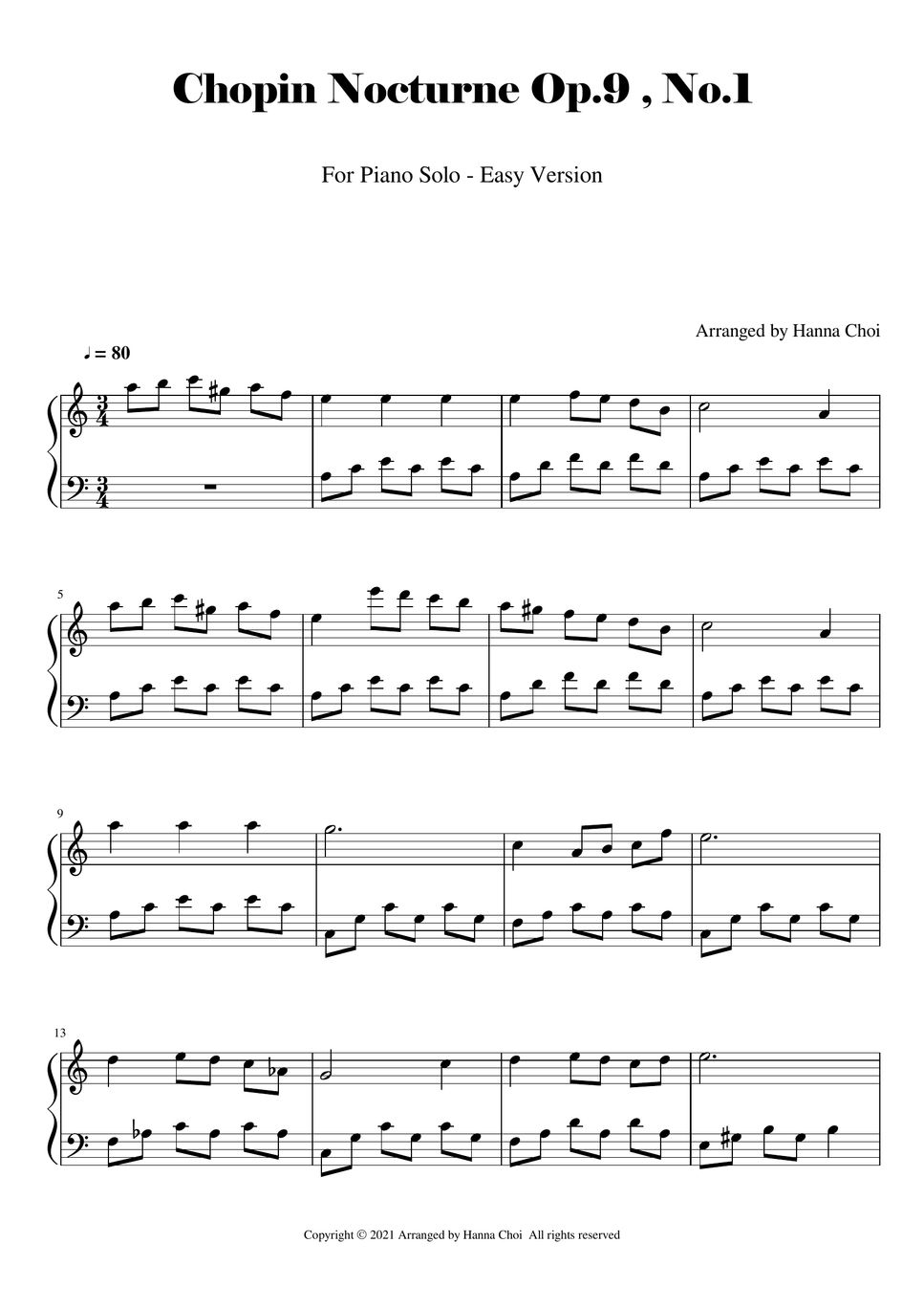 F.Chopin - Nocturne Op.9 No.1 /쇼팽 녹턴 9-1 (Easy Piano Solo) Partitura