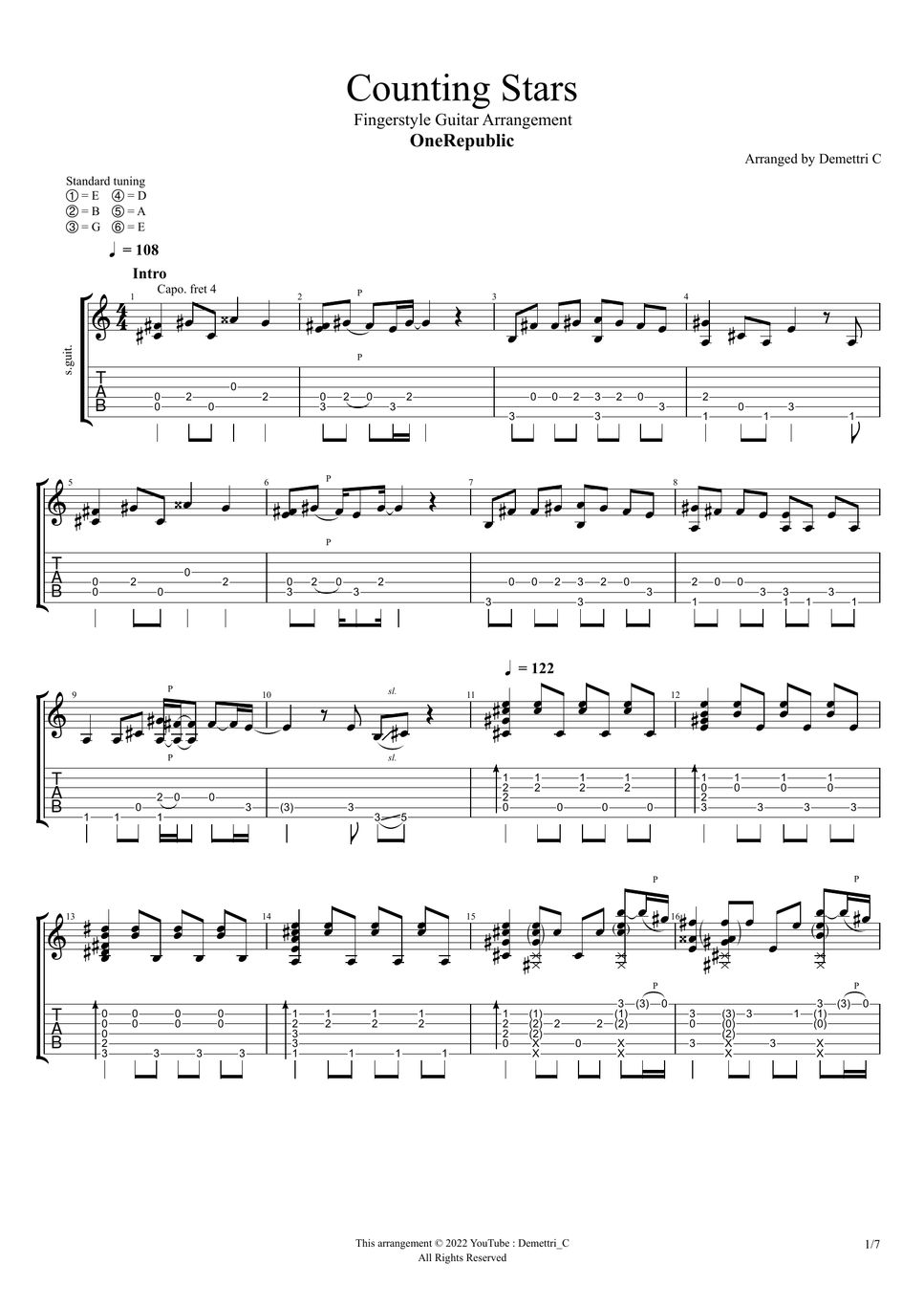 OneRepublic - Counting Stars 악보 by Demettri C