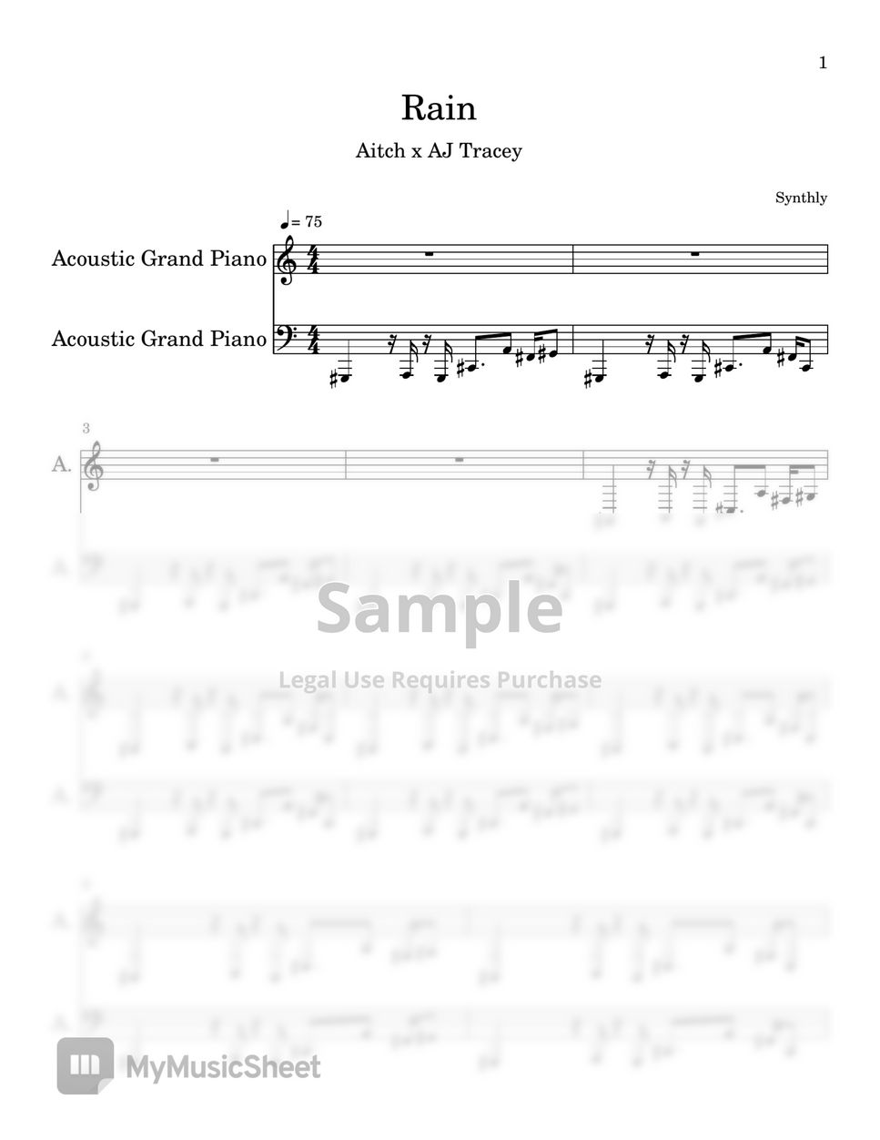 Aitch x AJ Tracey - Rain (EASY PIANO SHEET) Sheet Music by Synthly