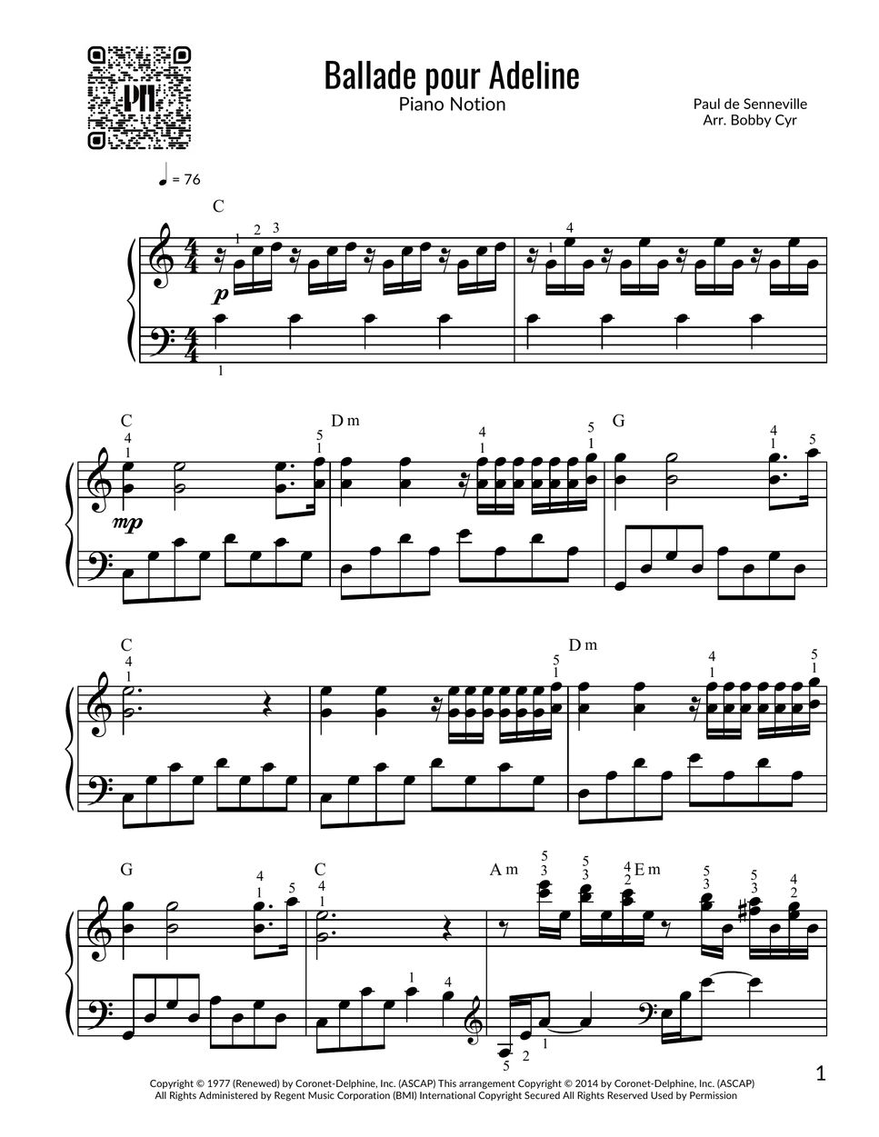 Richard Clayderman - Ballade pour Adeline (Easy Piano) Sheet Music by ...