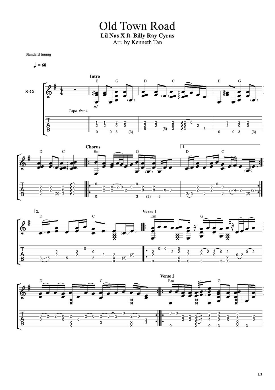 Lil Nas X Ft. Billy Ray Cyrus | Fingerstyle Guitar - Old Town Road 악보 ...