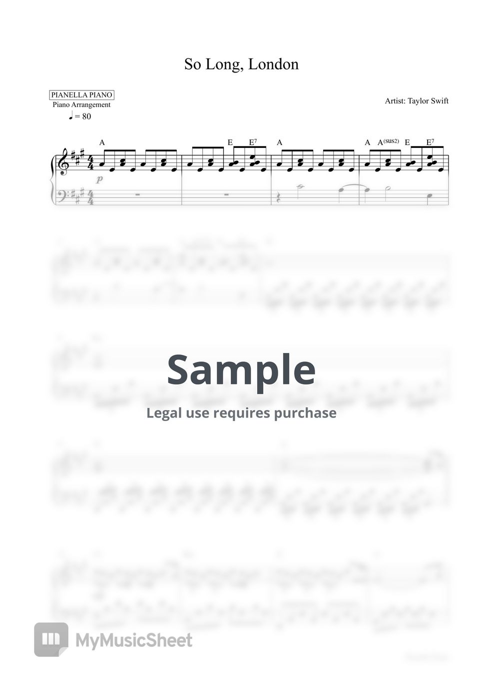 Taylor Swift - So Long, London (Piano Sheet) โน้ตเพลง by Pianella Piano