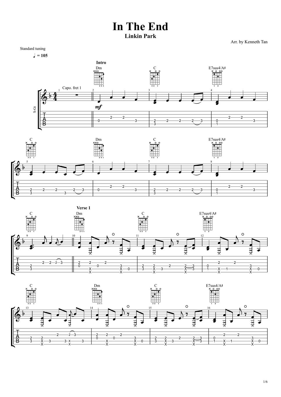 Linkin Park | Fingerstyle Guitar - In The End 악보 by Kenneth Acoustic